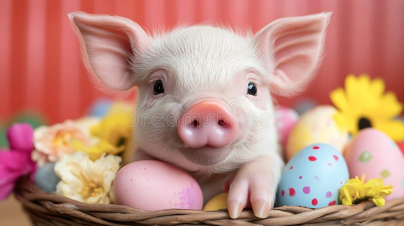 Adorable Pink Piglet Nestled in Easter Eggs and Flowers Stock ...