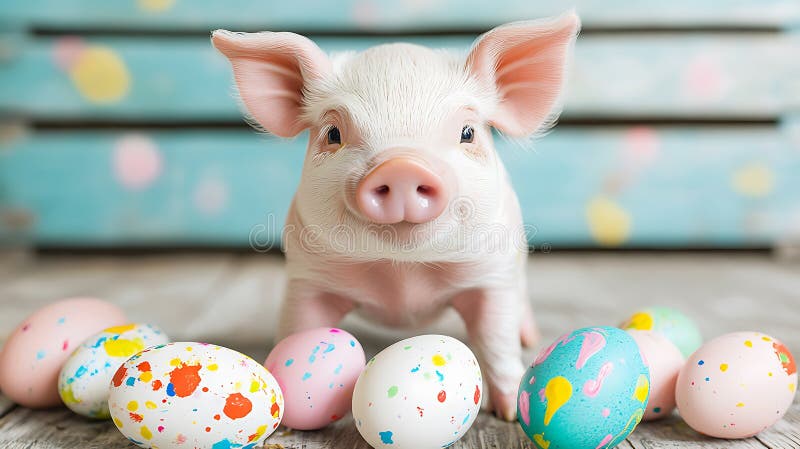 Adorable Pink Piglet with Pastel Easter Eggs on Wooden Background Stock ...