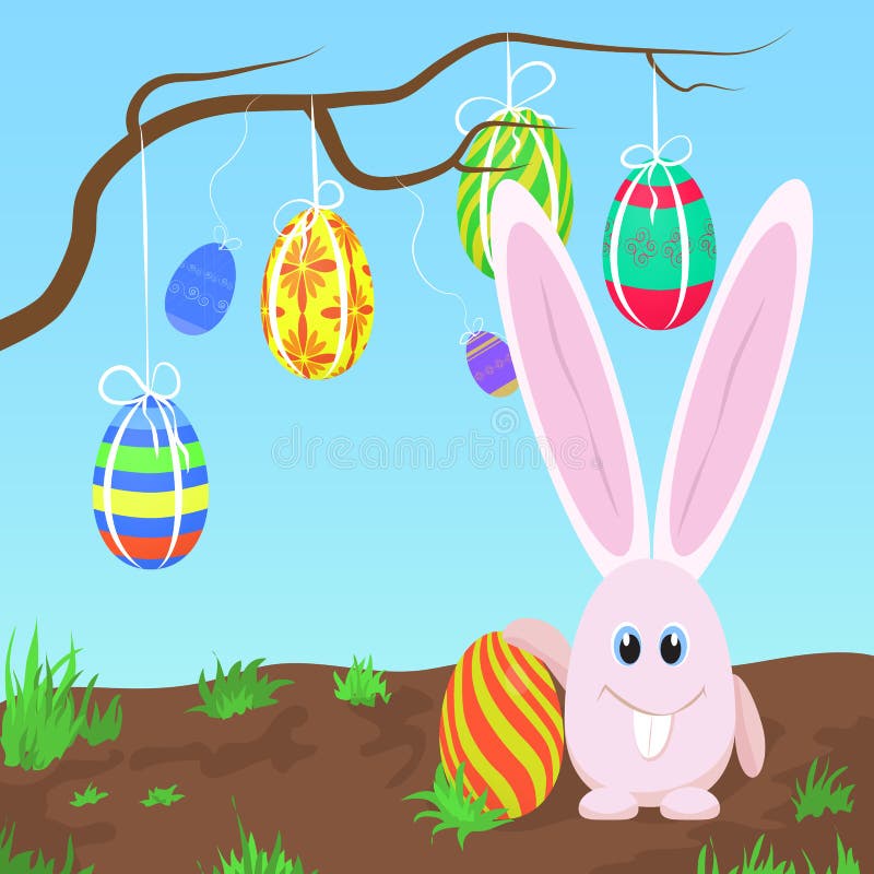 Adorable Pink Rabbit Standing at the Tree with Easter Eggs Vector ...
