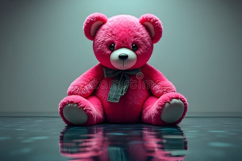 Adorable Pink Teddy Bear Sits Gracefully on a Reflective Surface ...