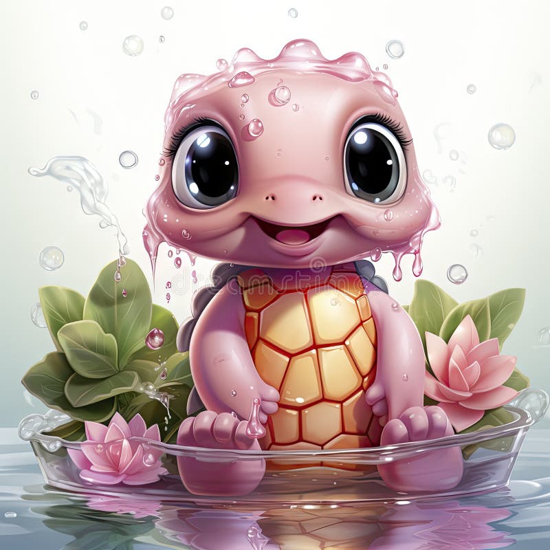 Adorable Pink Turtle in Water, Surrounded by Bubbles and Plants, with a ...