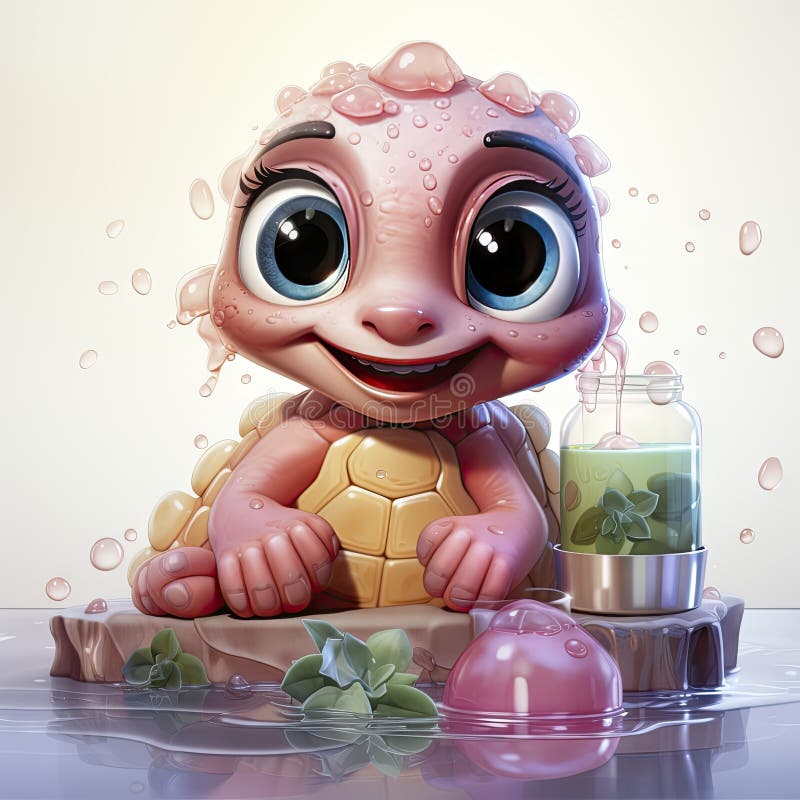 Adorable Pink Turtle in Water, Surrounded by Bubbles and Plants, with a ...