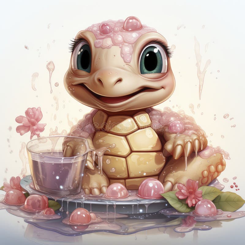 Adorable Pink Turtle in Water, Surrounded by Bubbles and Plants, with a ...