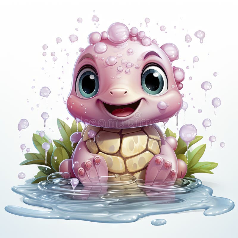 Adorable Pink Turtle in Water, Surrounded by Bubbles and Plants, with a ...