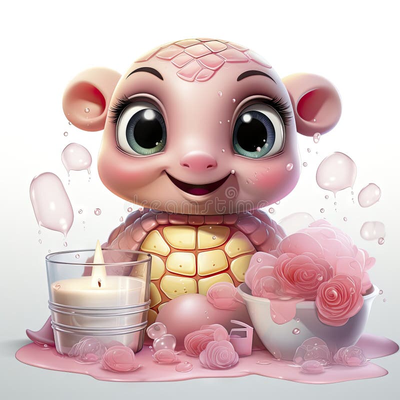 Adorable Pink Turtle in Water, Surrounded by Bubbles and Plants, with a ...