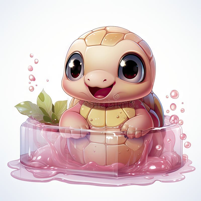 Adorable Pink Turtle in Water, Surrounded by Bubbles and Plants, with a ...