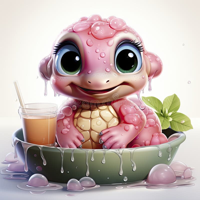 Adorable Pink Turtle in Water, Surrounded by Bubbles and Plants, with a ...