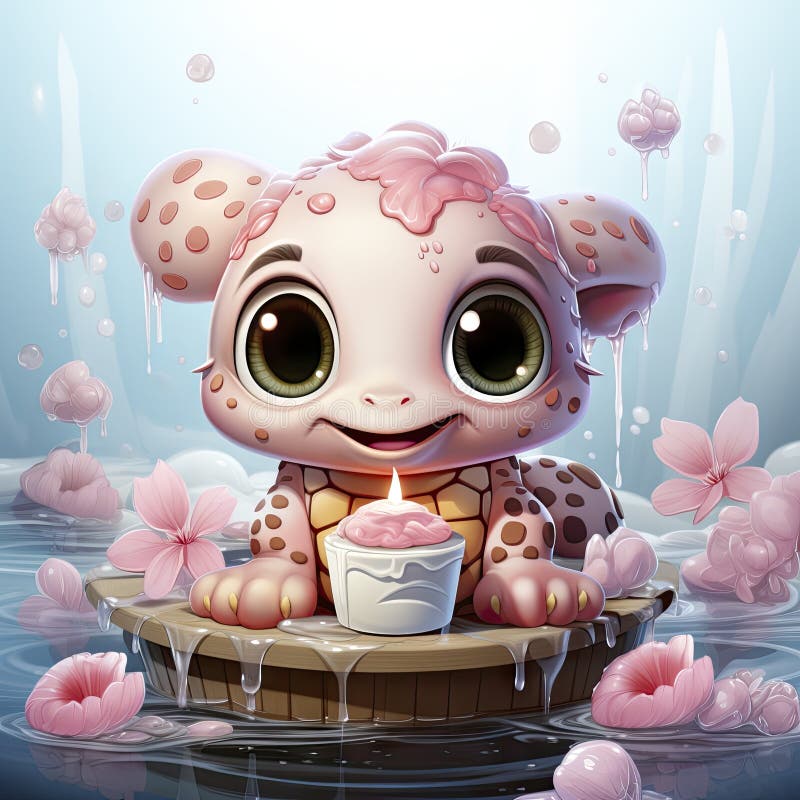 Adorable Pink Turtle in Water, Surrounded by Bubbles and Plants, with a ...