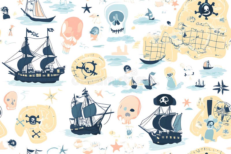 Adorable Pirate Pattern: Treasure Maps, Ships, and Skulls in Soft ...