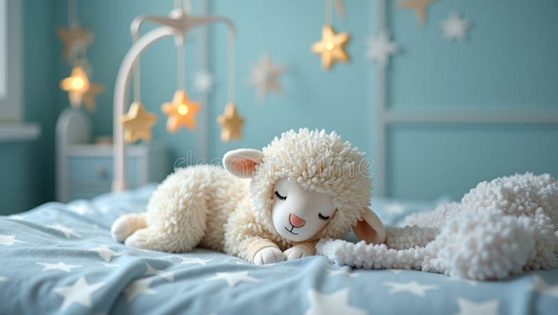 Adorable Plush Lamb on Star Blanket in Nursery with Glowing Star Mobile ...