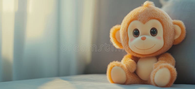 Adorable Plush Monkey Toy Sitting on Soft Surface, Bright Sunlight ...