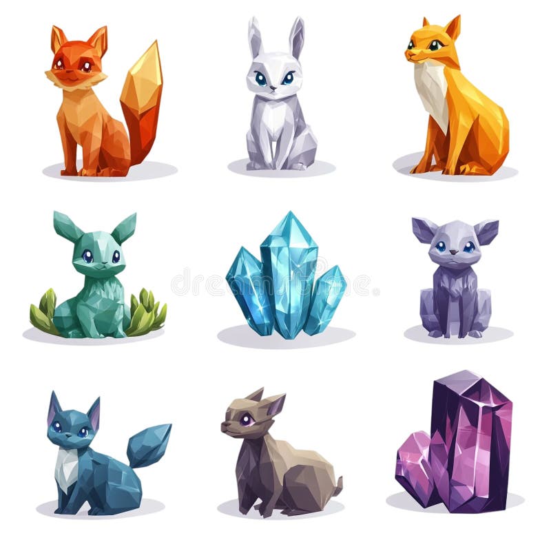 Adorable Polygonal Animals and Sparkling Crystals Fantasy Creatures ...