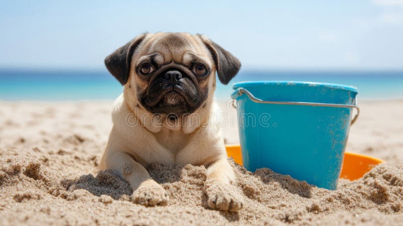 Adorable Pug Dog Playing on Sandy Beach Stock Illustration ...