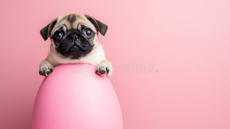 Adorable Pug Puppy Peeking from a Large Pink Easter Egg Against a ...