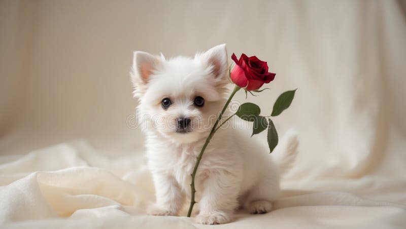 Adorable Puppy Posing with a Single Red Rose Stock Image - Image of ...