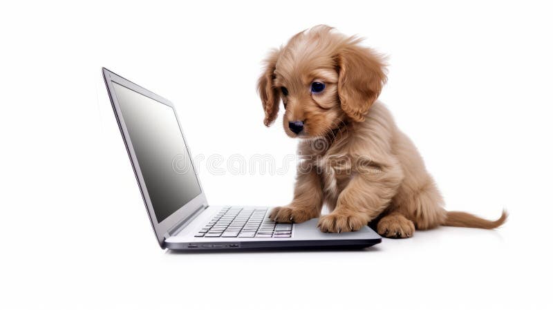 Adorable Puppy Using Laptop in a Surreal White Space Stock Illustration ...
