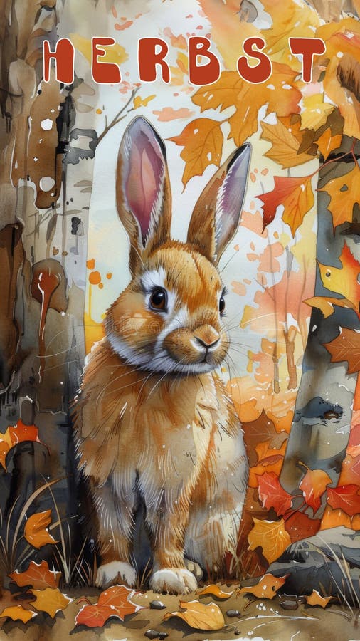 Adorable Rabbit in Autumn Forest with Colorful Falling Leaves Stock ...