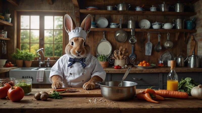 Adorable Rabbit Chef Cooking in Rustic Kitchen with Fresh Vegetables ...