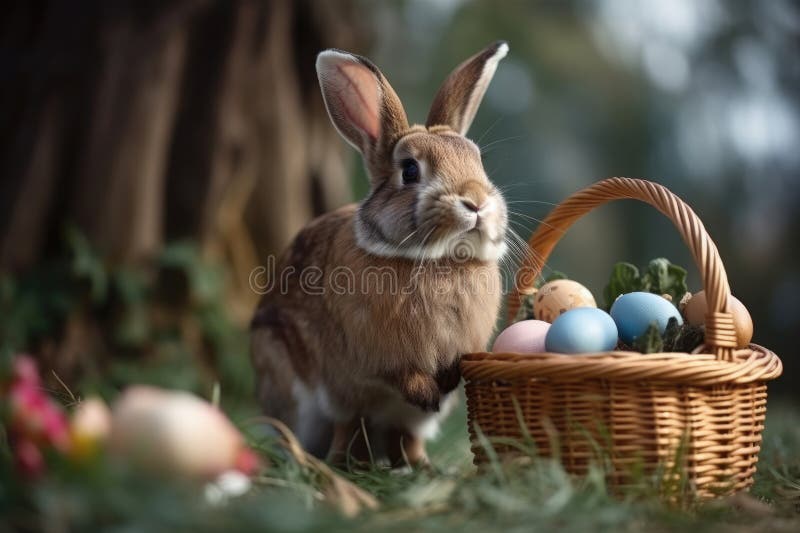 Adorable Rabbit in the Field with a Wicker Basket Full of Easter Eggs ...