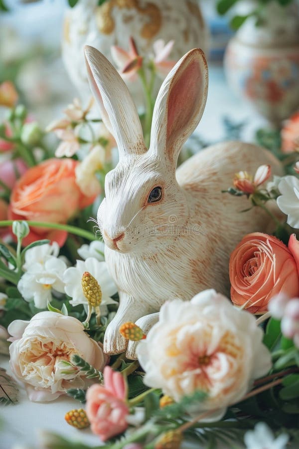 Adorable Rabbit Figurines Amidst Fresh Spring Flower Arrangements Stock ...