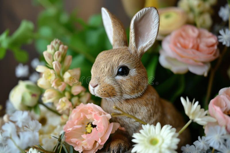Adorable Rabbit Figurines Amidst Fresh Spring Flower Arrangements Stock ...