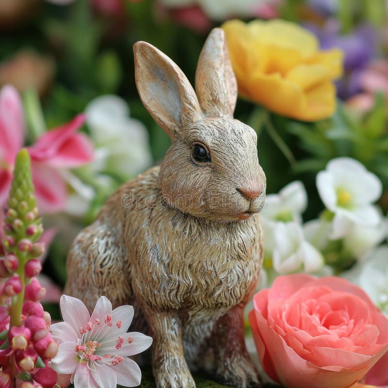 Adorable Rabbit Figurines Amidst Fresh Spring Flower Arrangements Stock ...