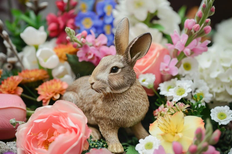 Adorable Rabbit Figurines Amidst Fresh Spring Flower Arrangements Stock ...