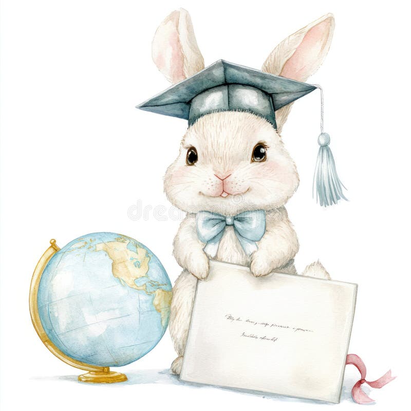 Adorable Rabbit with Graduation Cap beside Globe and Diploma ...
