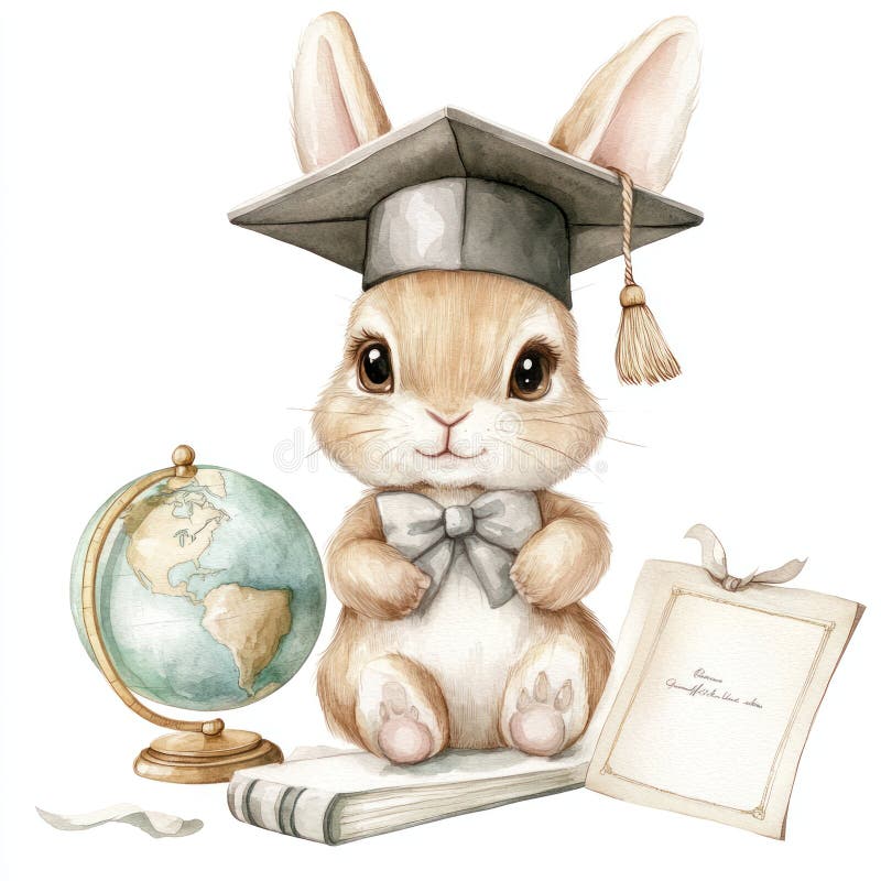 Adorable Rabbit with Graduation Cap beside Globe and Diploma ...