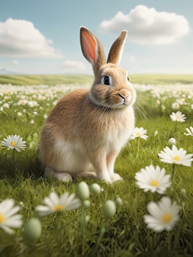 Adorable Rabbit on the Green Grass with Delicate Flowers Stock Photo ...
