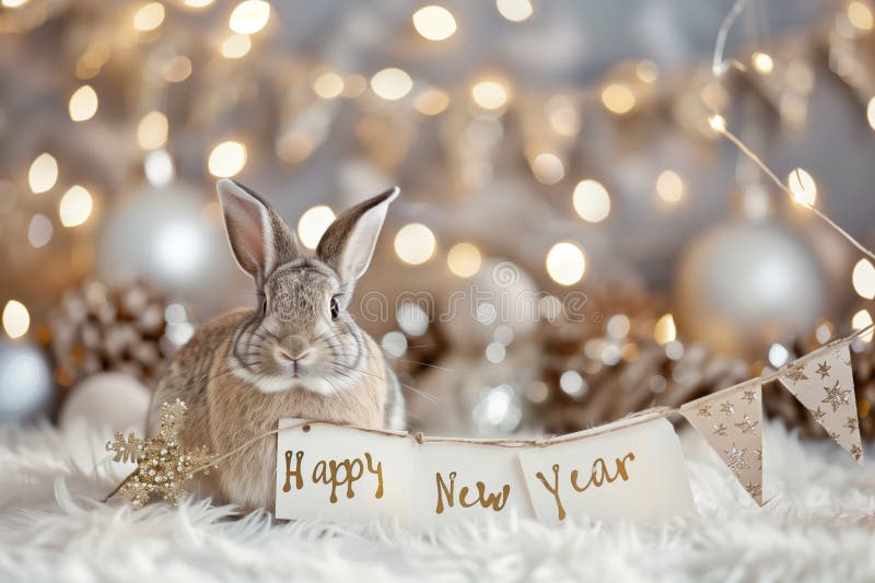 Adorable Rabbit with Happy New Year Banner in Festive Setting Stock ...