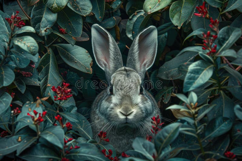 Adorable Rabbit Hidden in Lush Green Foliage with Red Berries in a ...