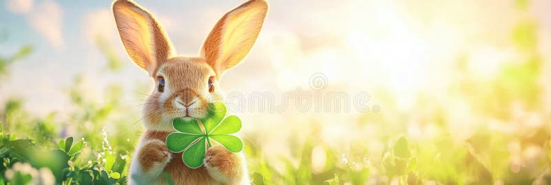 Adorable Rabbit Holding a Clover in Sunlit Meadow. Happy St. Patrick S ...