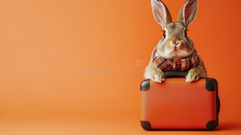Adorable Rabbit with Miniature Suitcase on Orange Background Stock ...