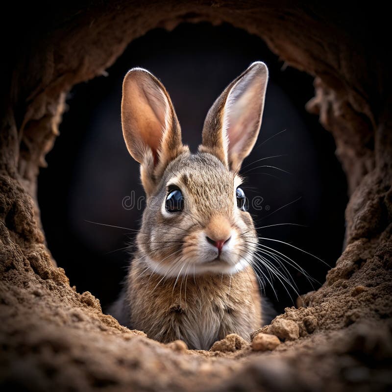 Adorable Rabbit Peeking through a Burrow, with Big Ears and Bright Eyes ...