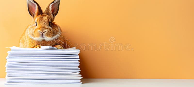 Adorable Rabbit Peeking Over a Towering Stack of Papers Against a ...