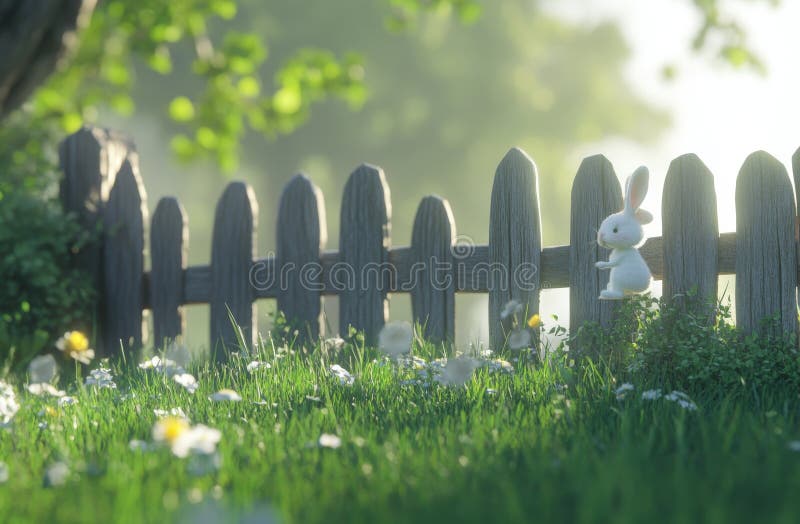 Adorable Rabbit Perched on a Brick Wall Overlooking a Lush Green Spring ...