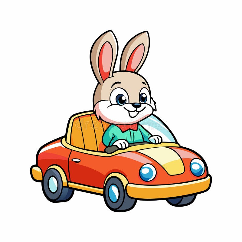 Adorable Rabbit Riding a Car in Cartoon Style Vector Illustration Stock ...