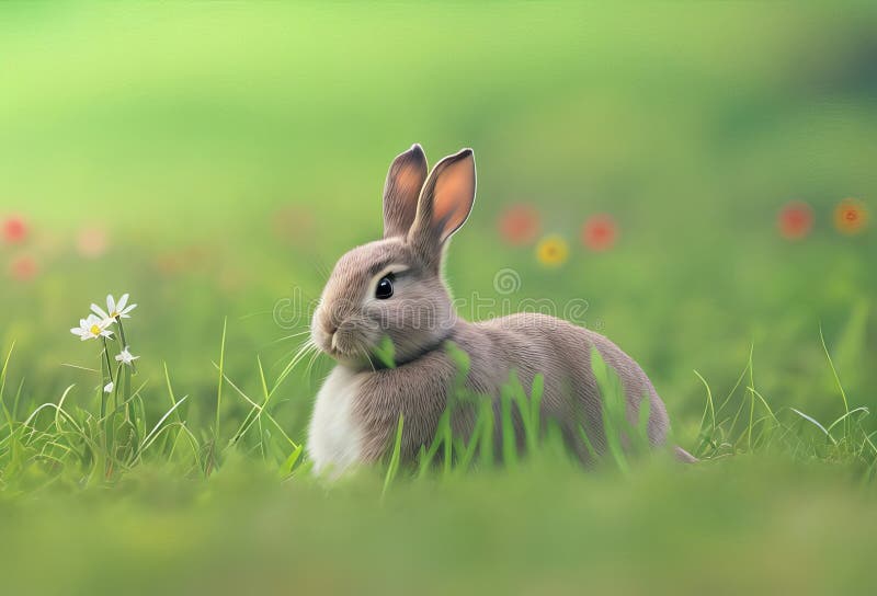 The Adorable Rabbit is Seated in a Springtime Meadow with Green Grass ...