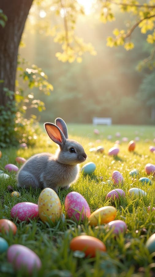 Adorable Rabbit Sitting among Colorful Easter Eggs in Sunny Park Stock ...