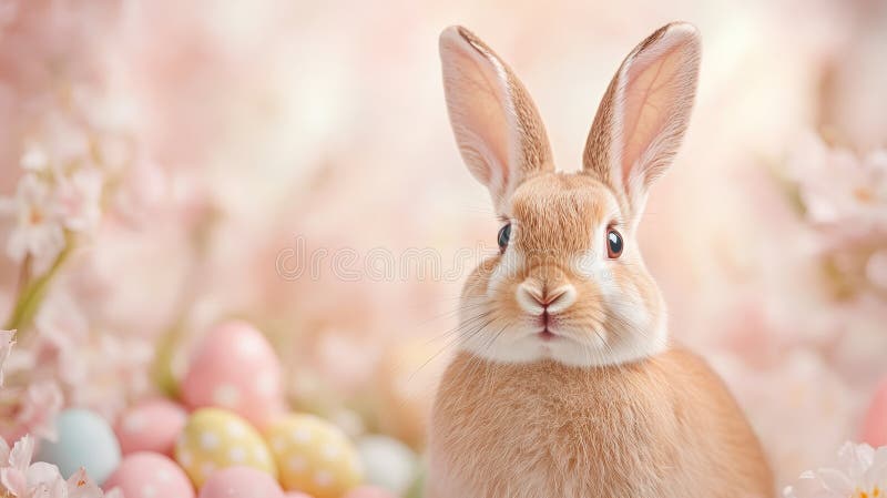 Adorable Rabbit in Spring Setting with Pastel Easter Eggs and Cherry ...