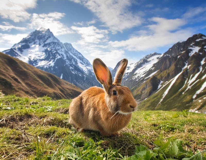 A Cute Rabbit in Front of Mountains Stock Illustration - Illustration ...