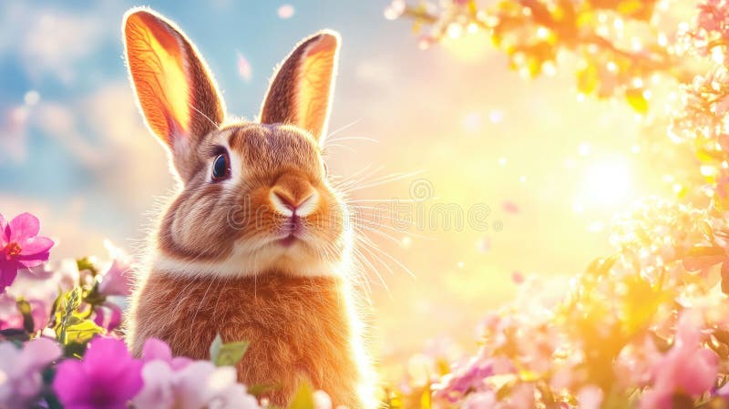 Adorable Rabbit in Sunlit Flower Garden Scene. Happy Easter Stock Image ...