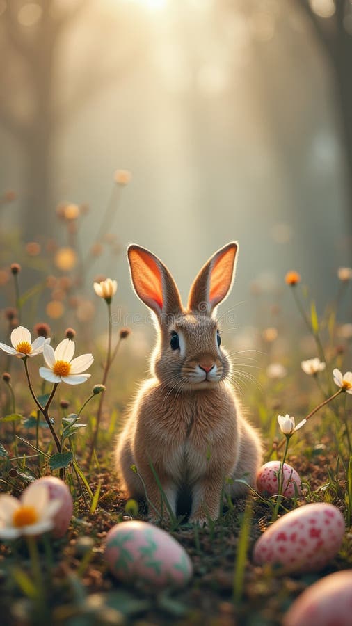 Adorable Rabbit in a Sunlit Meadow Surrounded by Spring Flowers and ...