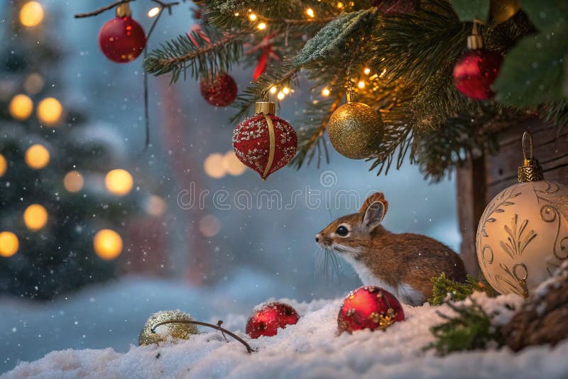 Adorable Rabbit Under a Snowy Christmas Tree Stock Illustration ...