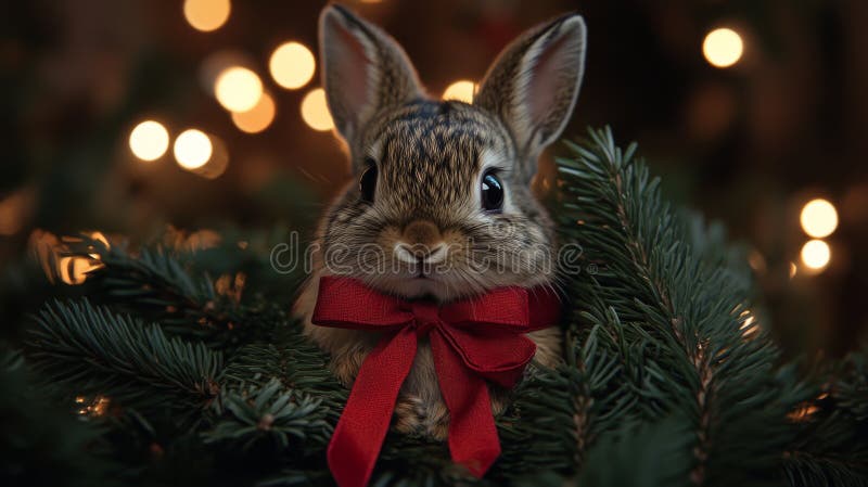 Adorable Rabbit Wearing Bow Nestled in Christmas Tree Stock ...