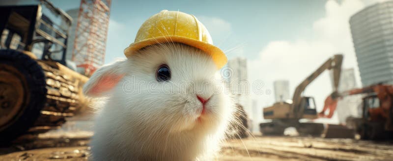 Rabbit in a Helmet of a Worker at a Construction Site Stock Photo ...