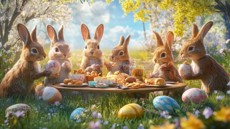 Adorable Rabbits Enjoying an Easter Picnic in a Spring Meadow Stock ...