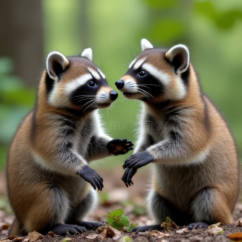Adorable Raccoon Duo Playing Together in a Wooded Environment Stock ...