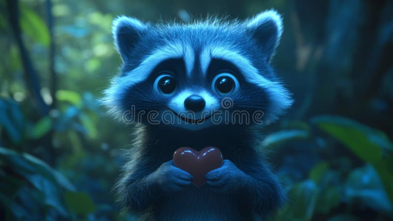 Adorable Raccoon Holding Heart in Forest Setting Stock Illustration ...
